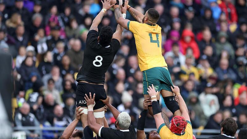 Rugby match between New Zealand and Australia with 47,000 on the stands